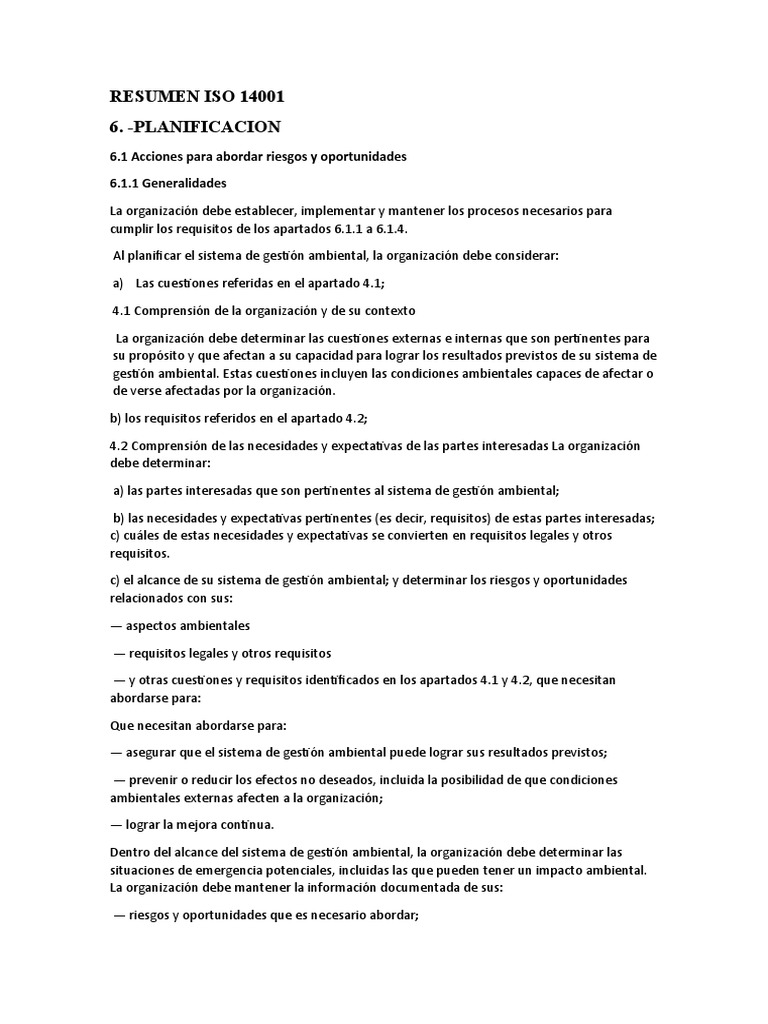 RESUMEN ISO 14001 Apartado 6 | PDF | Entorno natural | Planificación