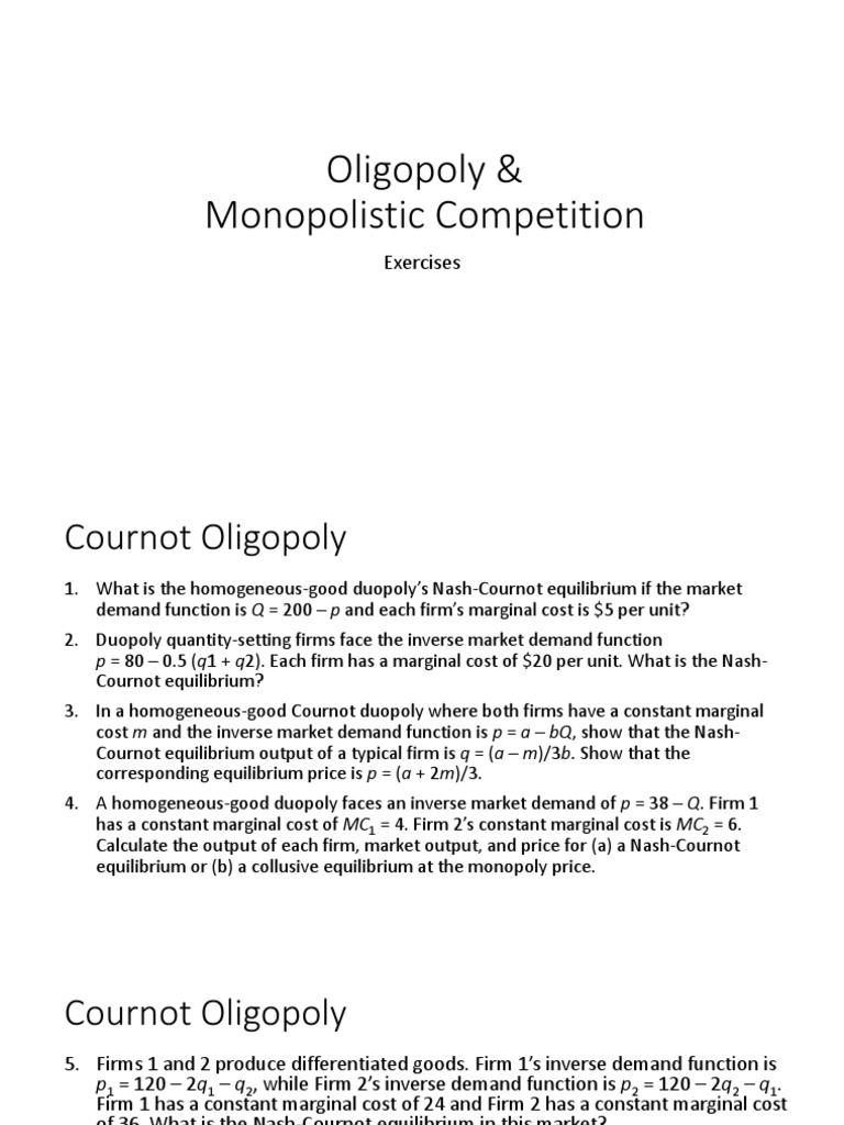 5 Exercises Oligopoly Monopolistic Competition | PDF | Economic Equilibrium | Supply And Demand