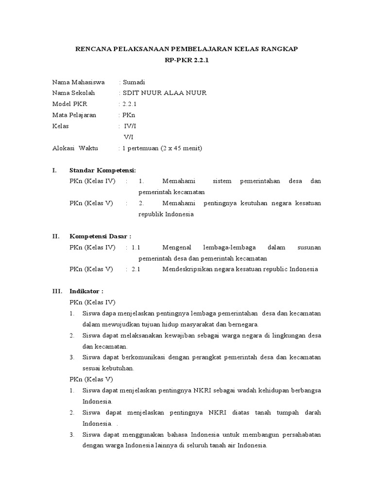 RPP Pembelajaran Kelas Rangkap PKN Kelas 4 Dan 5 SD | PDF