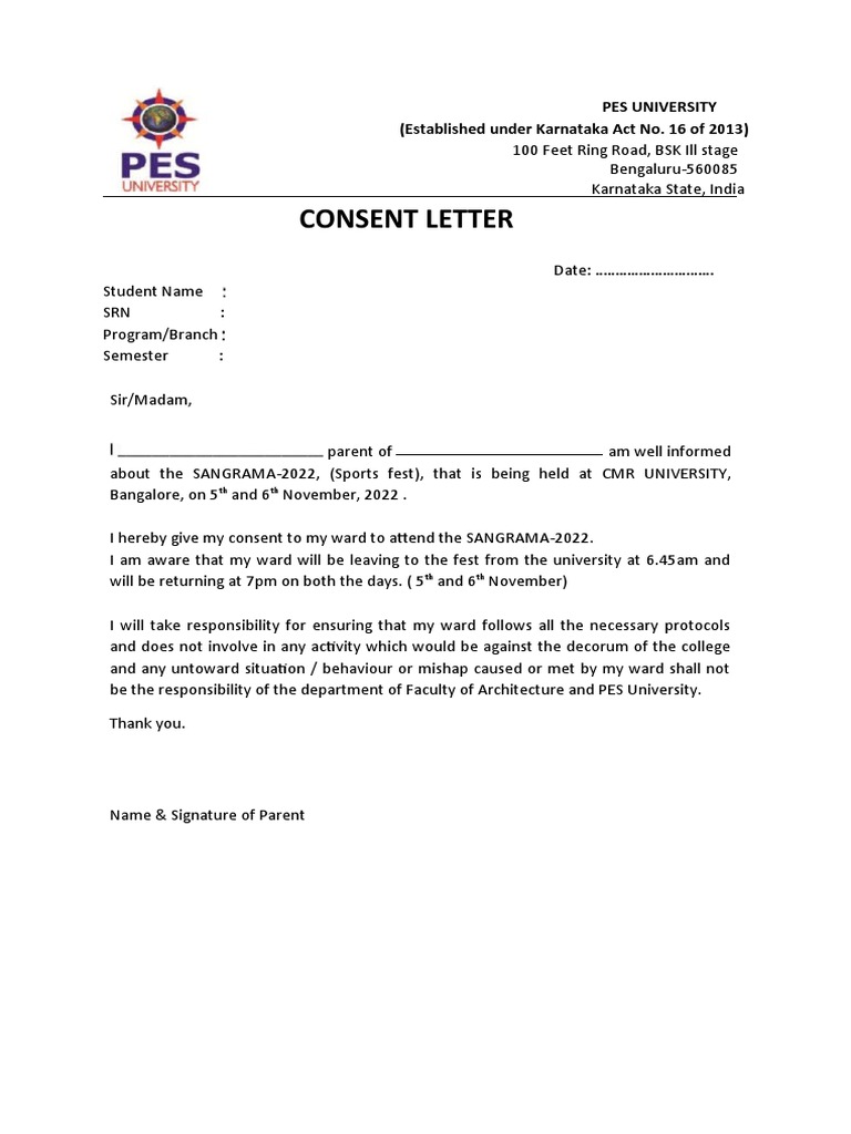 Concent Letter (Fests Outside College) | PDF