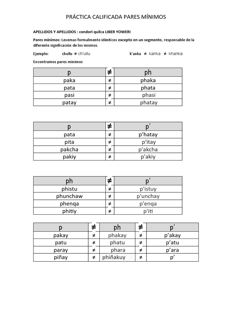 Practica Quechua Pares Minimos | PDF