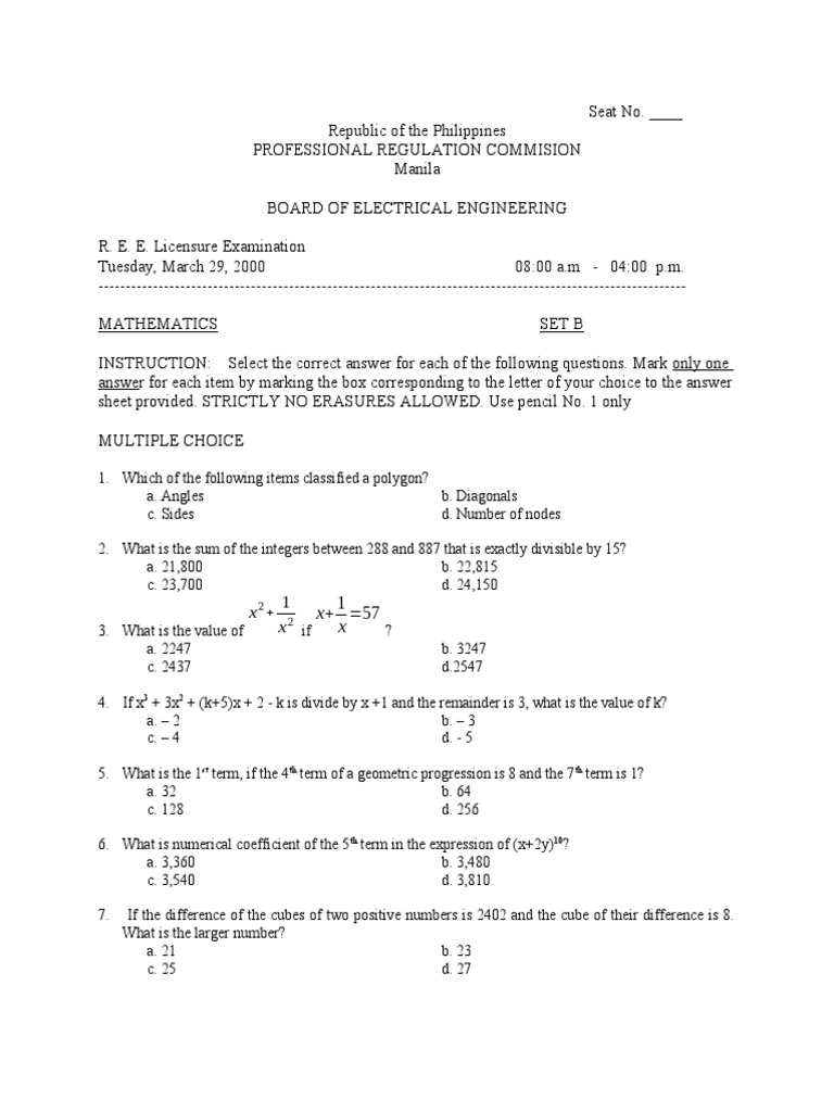 March 2000 EE Board Exam MATH11 | PDF | Elementary Mathematics ...
