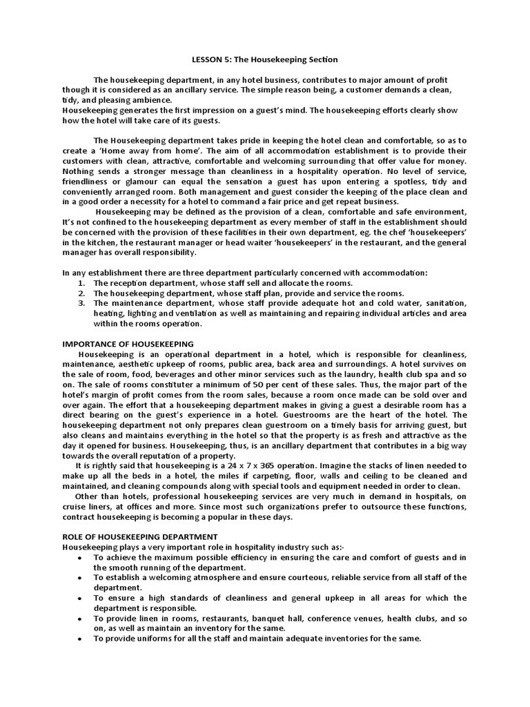 LESSON 5. The Housekeeping Section | PDF | Vacuum Cleaner | Laundry