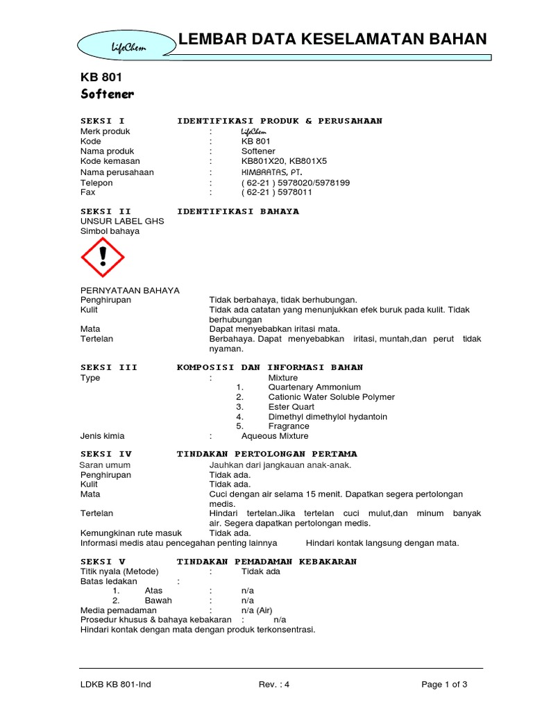 Lembar Data Keselamatan Softener KB 801 | PDF