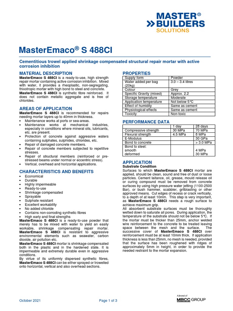 Masteremaco s488 Ci Tds | PDF | Concrete | Cement