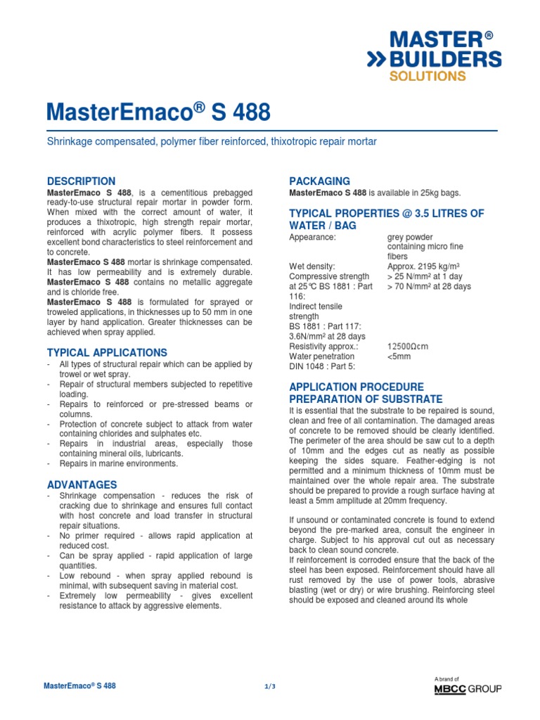 Masteremaco S 488 - Tds | Download Free PDF | Concrete | Cement