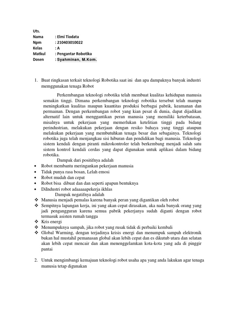 Uts Pengantar Robotika - Elmi Tiodata | PDF
