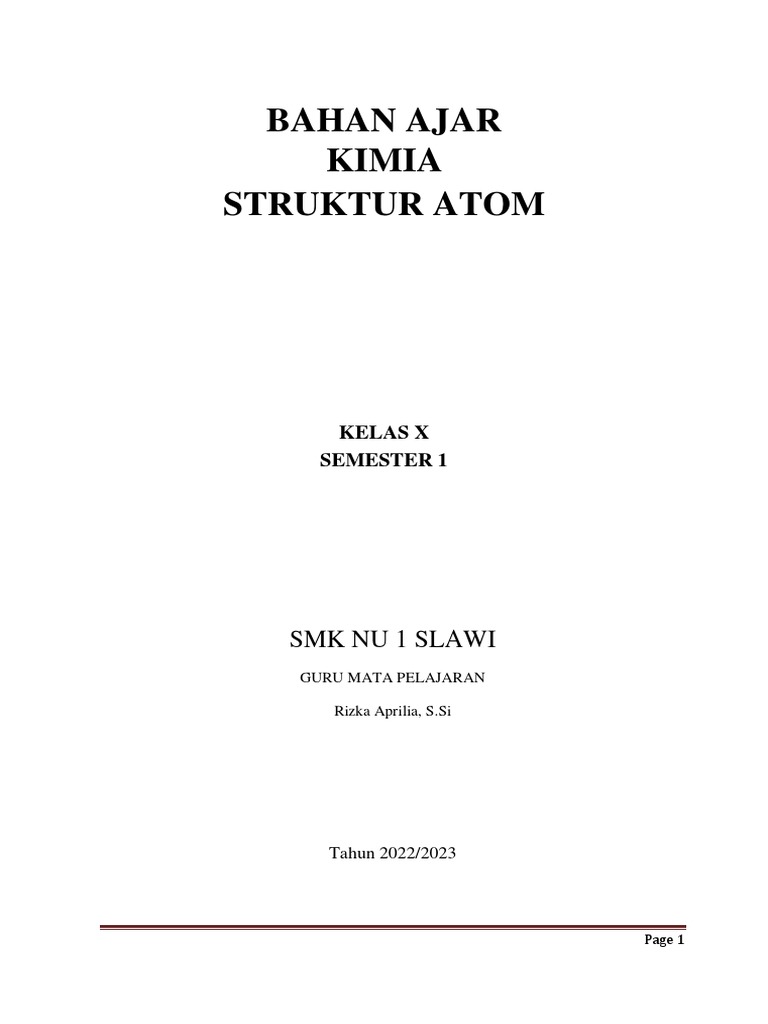 Bahan Ajar Kimia Struktur Atom | PDF