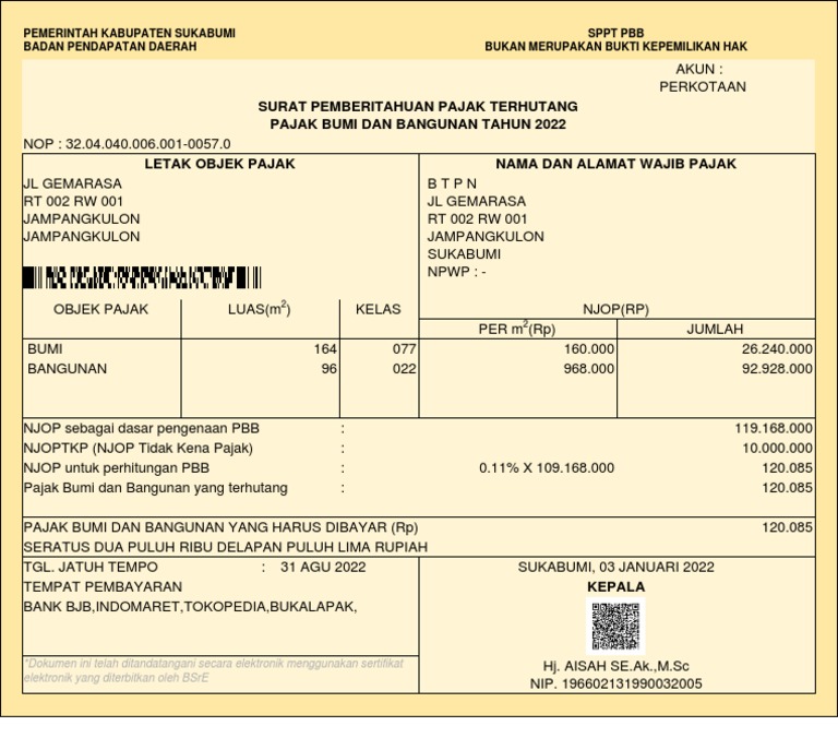 Surat Pemberitahuan Pajak Terhutang Pajak Bumi Dan Bangunan Tahun 2022 | PDF