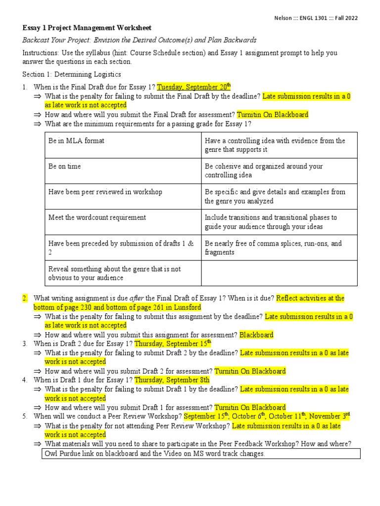 Essay 1 Project Worksheet 1301 1 | PDF | Essays | Turnitin