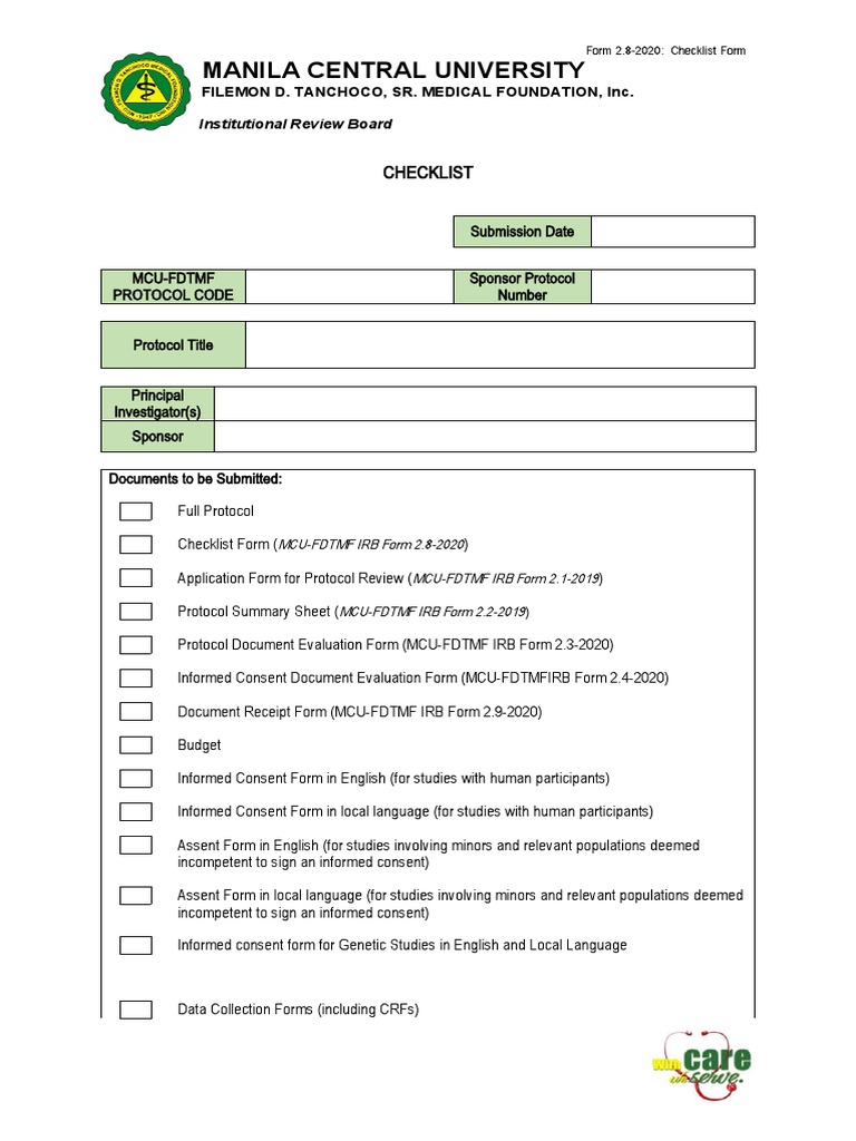 Form 2.8 Checklist Form | PDF | Institutional Review Board | Clinical Trial