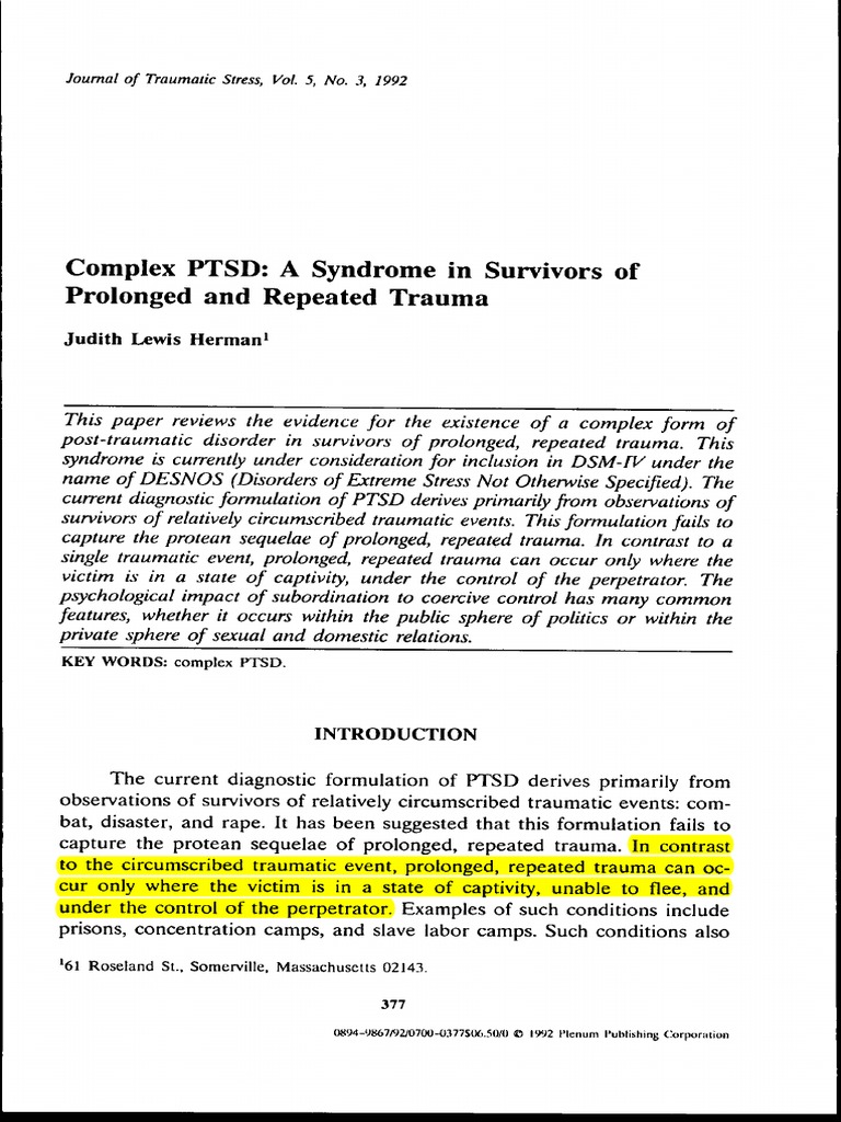 Trauma Complejo (Herman, 1992) | PDF | Complex Post Traumatic Stress ...