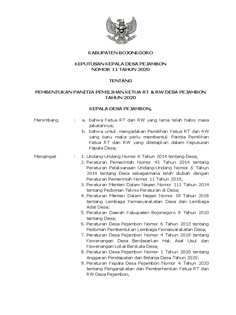 SK 11 Tahun 2020 Panitia Pemilihan Ketua RT RW 19 Maret | PDF