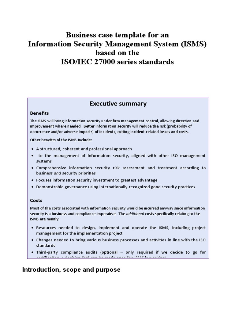 Business Case Template For ISO IEC 27001 ISMS | PDF | Information Security | Risk Management