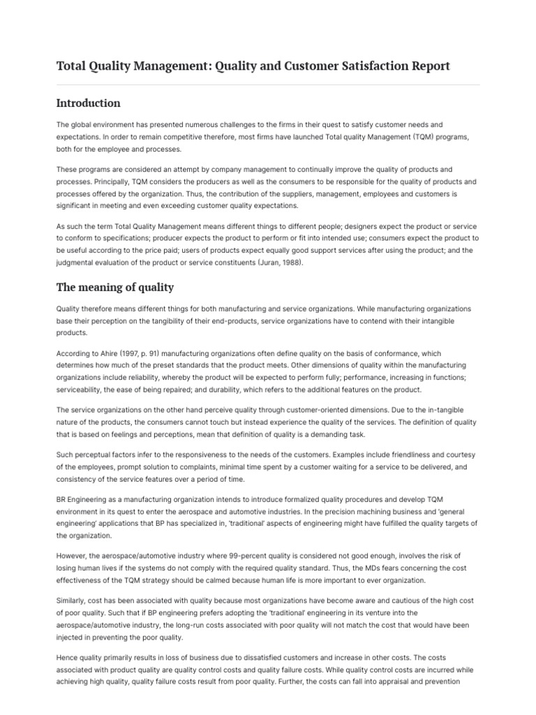 Total Quality Management (TQM) - 3328 Words - Report Example | PDF ...