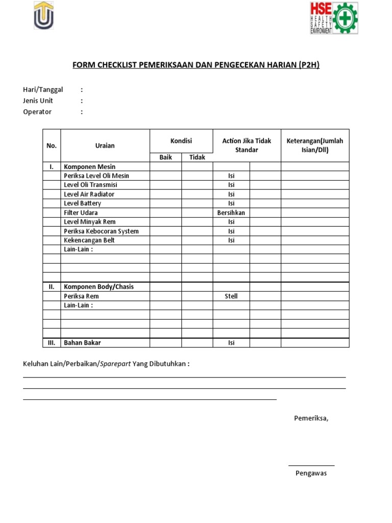 Checklist P2H Alat Berat Harian | PDF