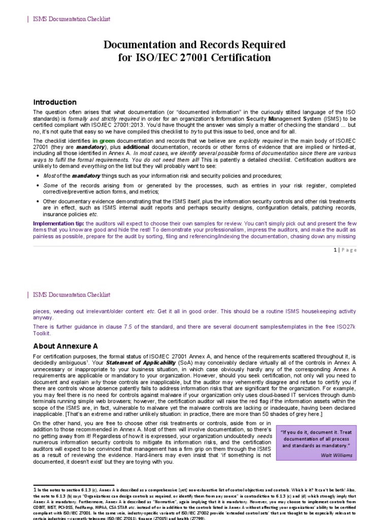 ISMS Mandatory Documentation Checklist | PDF | Risk | Audit