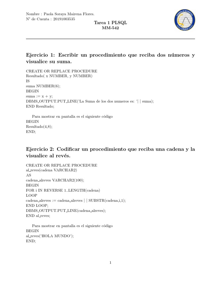 Tarea#1 PLSQL PaolaMairena | PDF