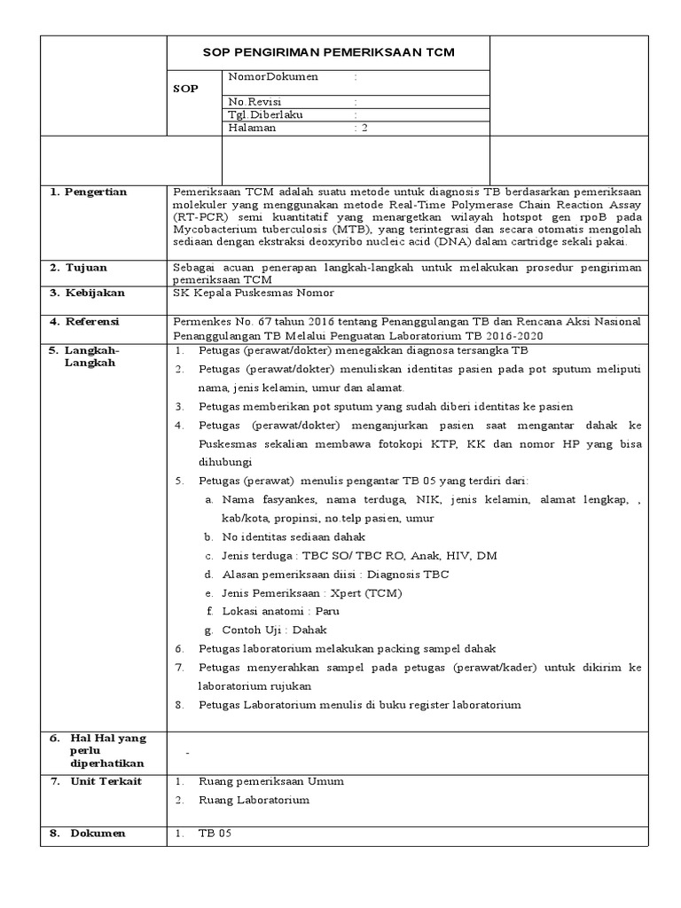 SOP Pengiriman Pemeriksaan TCM TB | PDF