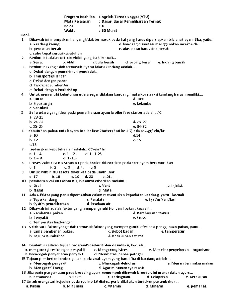 Soal Dasar - Dasar Pemeliharaan Ternak Dan Dasar-Dasar Pakan Ternak | PDF