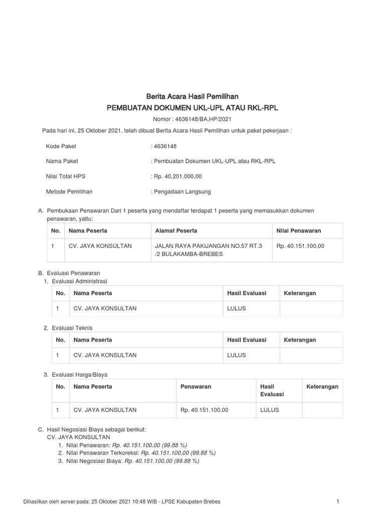 Pemilihan CV. Jaya Konsultan sebagai Penyedia Jasa Pembuatan Dokumen ...