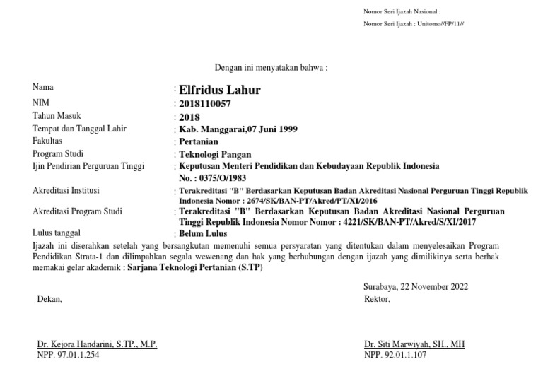 Ijazah Teknologi Pangan Unitomo | PDF