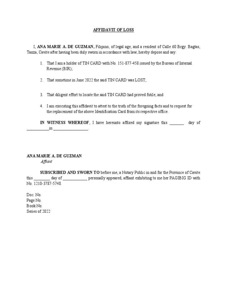 AFFIDAVIT OF LOSS TIN IDa | PDF