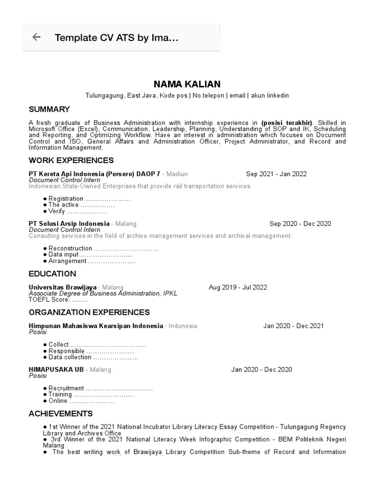 Template CV ATS by Imam Azis | PDF | Information Technology Management | Software Engineering