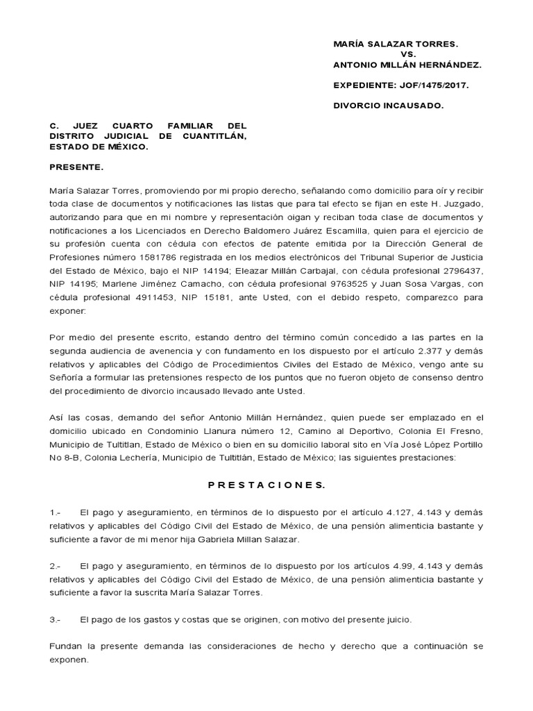 Escrito Inicial de Demanda Pension Alimenticia y Guarda Custodia | PDF ...