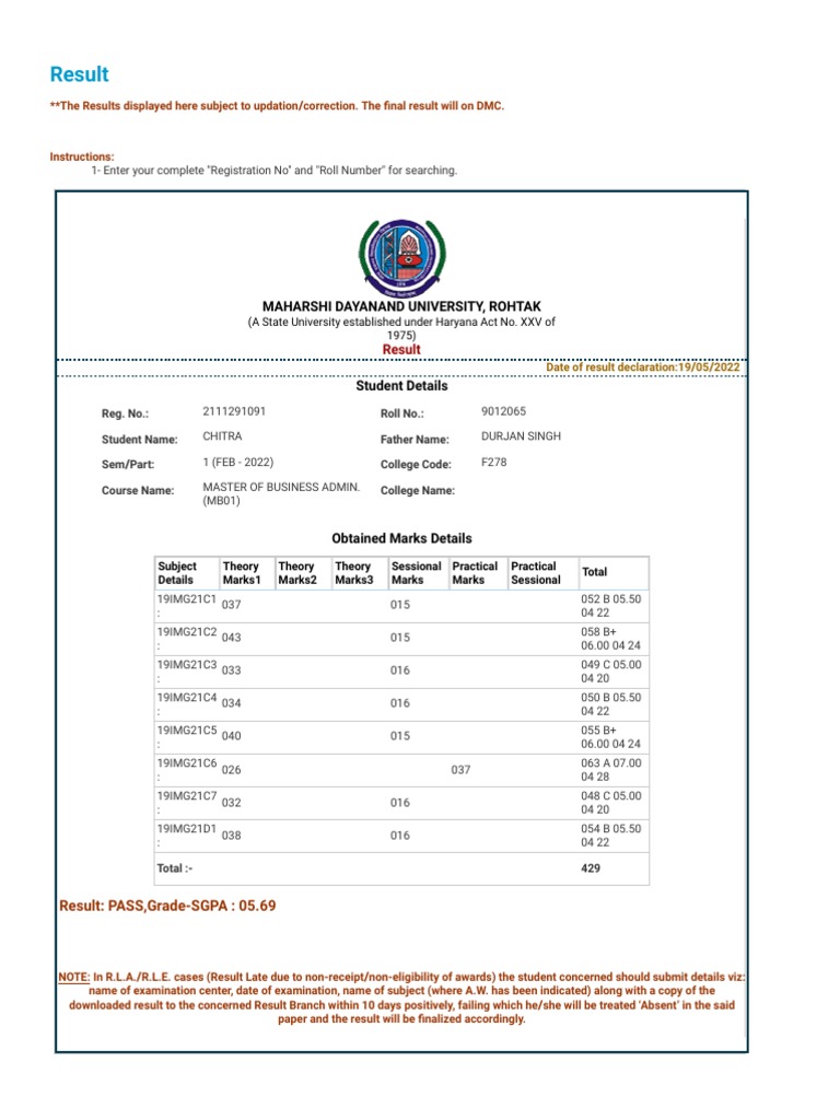 MDU Result for CHITRA (Reg. No. 2111291091 | PDF