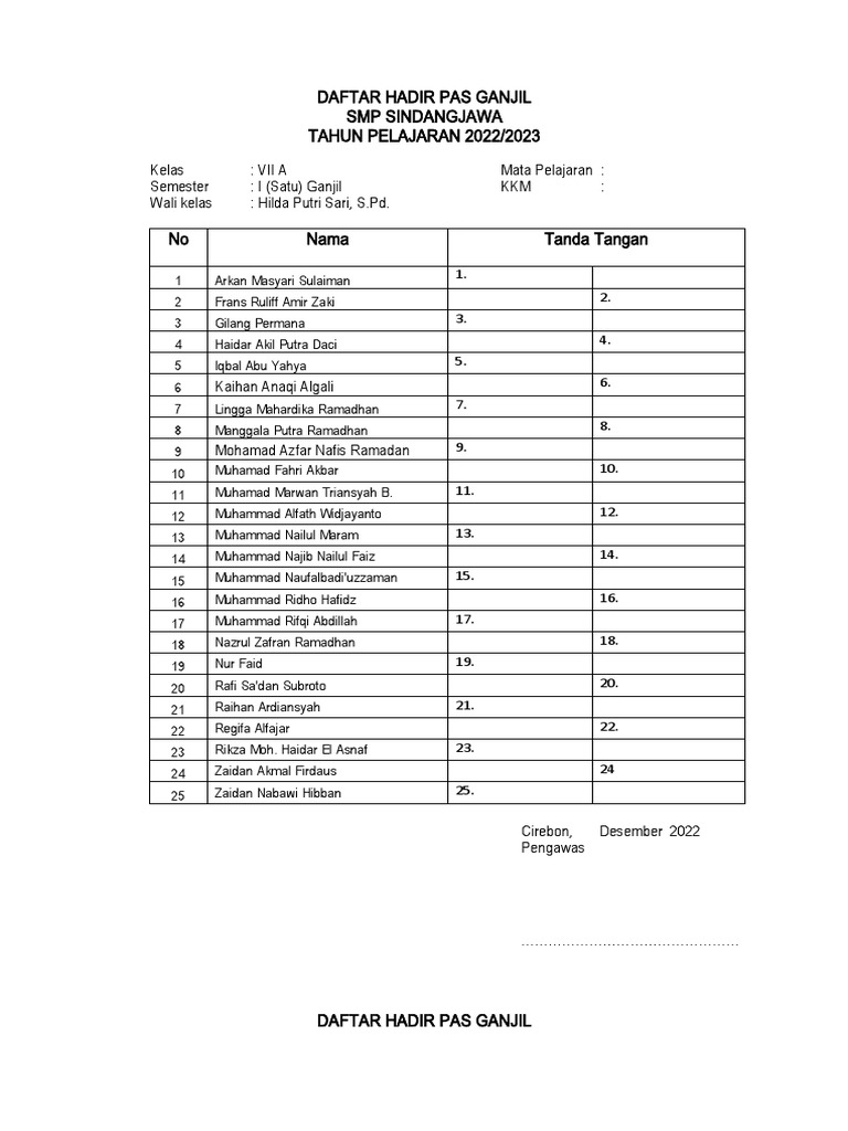 Daftar Absen Siswa Pas Ganjil | PDF