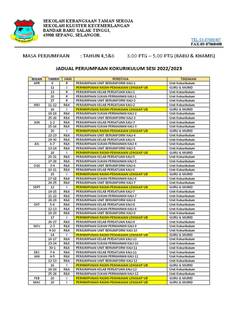 Jadual Perjumpaan Kokukurikulum 2022-2023 | PDF