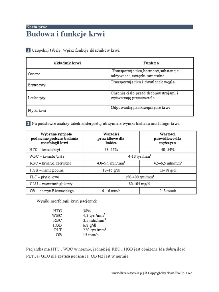 Budowa I Funkcje Krwi Karta Pracy | PDF