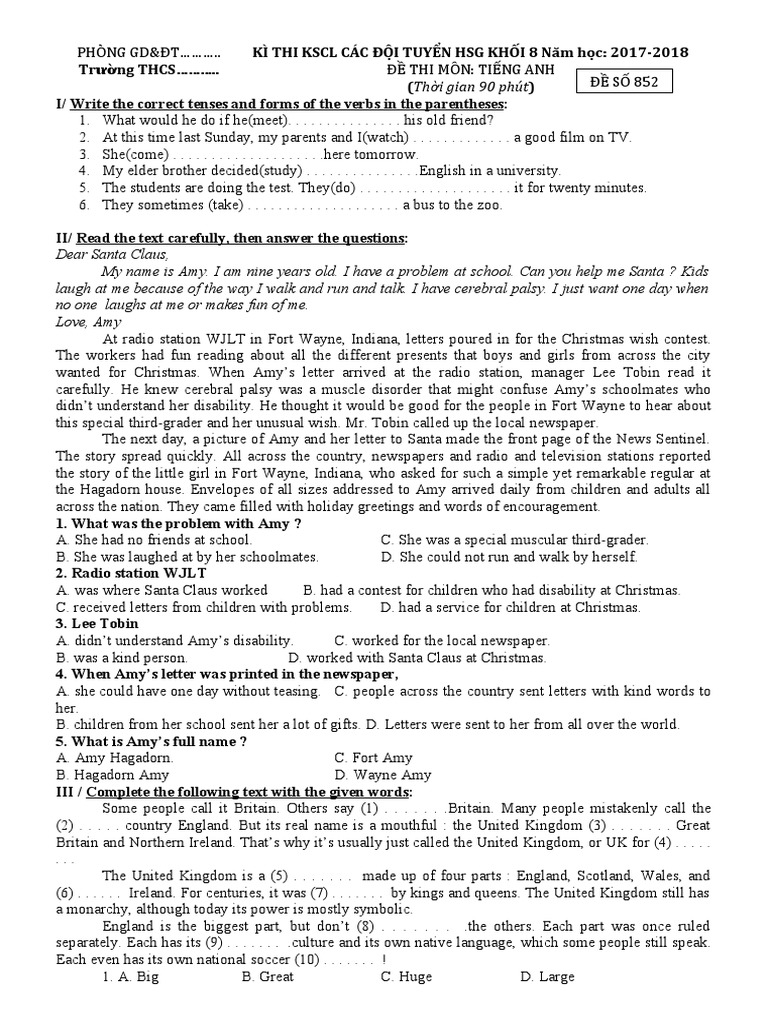 Tailieuxanh de Thi Chon Hoc Sinh Gioi Mon Tieng Anh Lop 8 de 2 8952 | PDF | United Kingdom ...