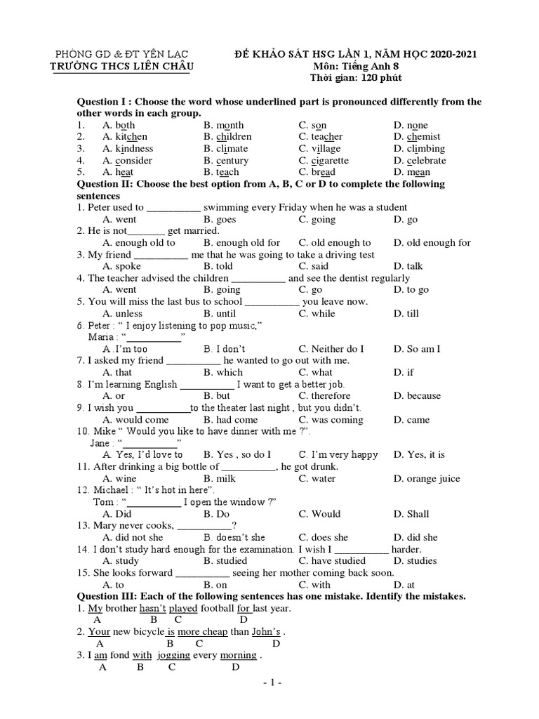 Tailieuxanh de Thi KSCL Hoc Sinh Gioi Mon Tieng Anh 8 Nam 2020 2021 Co Dap An Truong Thcs Lien ...