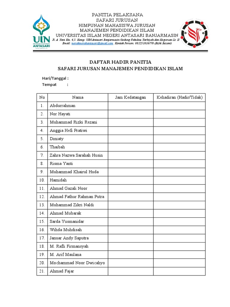 Absen Hadir Panitia Safari Jurusan MPI - 091805 | PDF