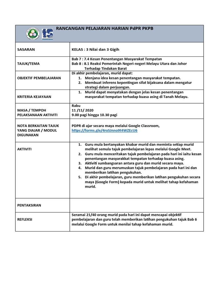 RPH PKP - Sejarah (14 Okt - 11 Nov) | PDF