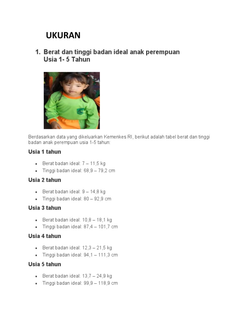 Standar Ukuran Berat dan Tinggi Badan Ideal Anak Usia 1-5 Tahun | PDF