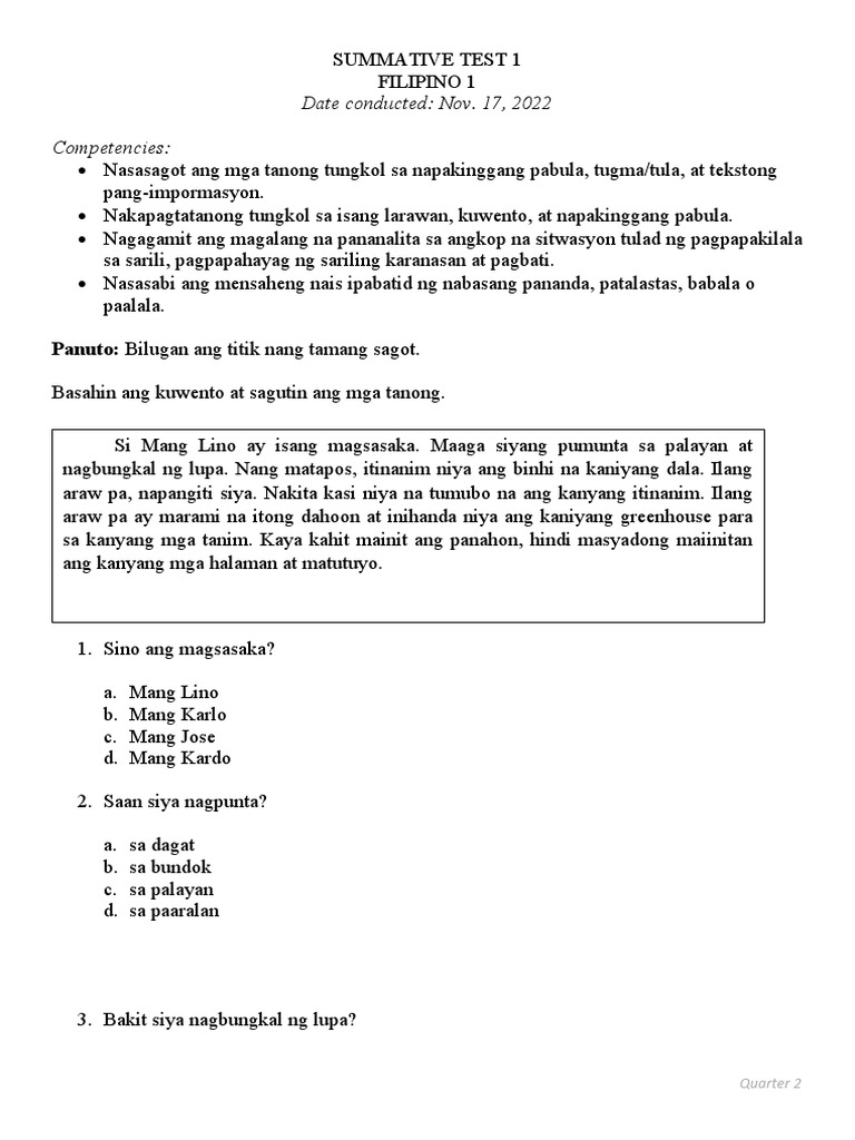 SUMMATIVE TEST 1-Filipino 1 | PDF