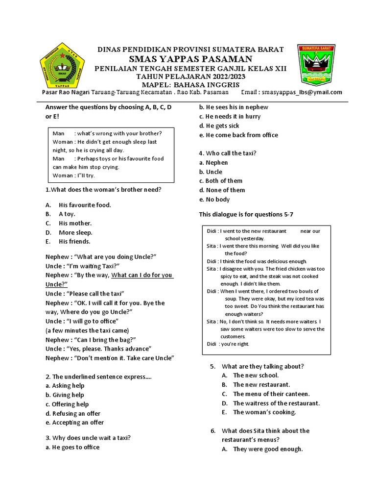 Soal Uts Sem I Bing Xii 2022 | PDF | Waiting Staff | Giacomo Casanova