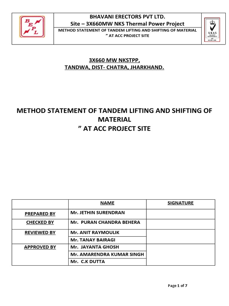 Method Statement For ACC TAMDEM SHIFTING | PDF | Crane (Machine) | Manufactured Goods