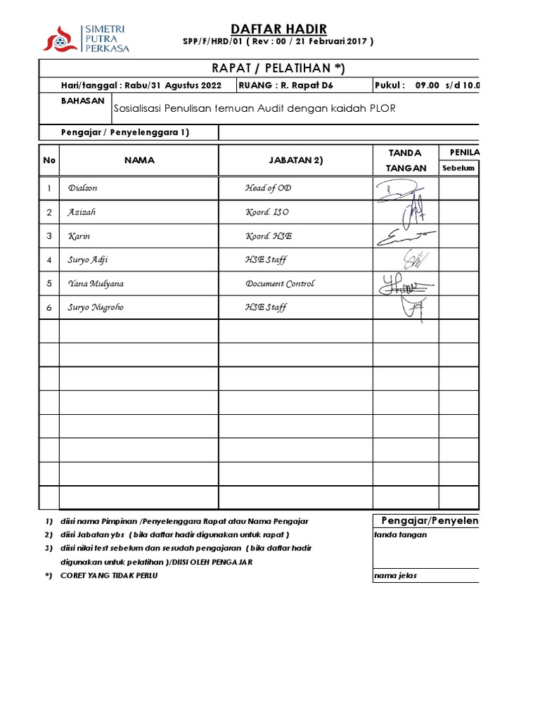Daftar Hadir Sosialisasi | PDF