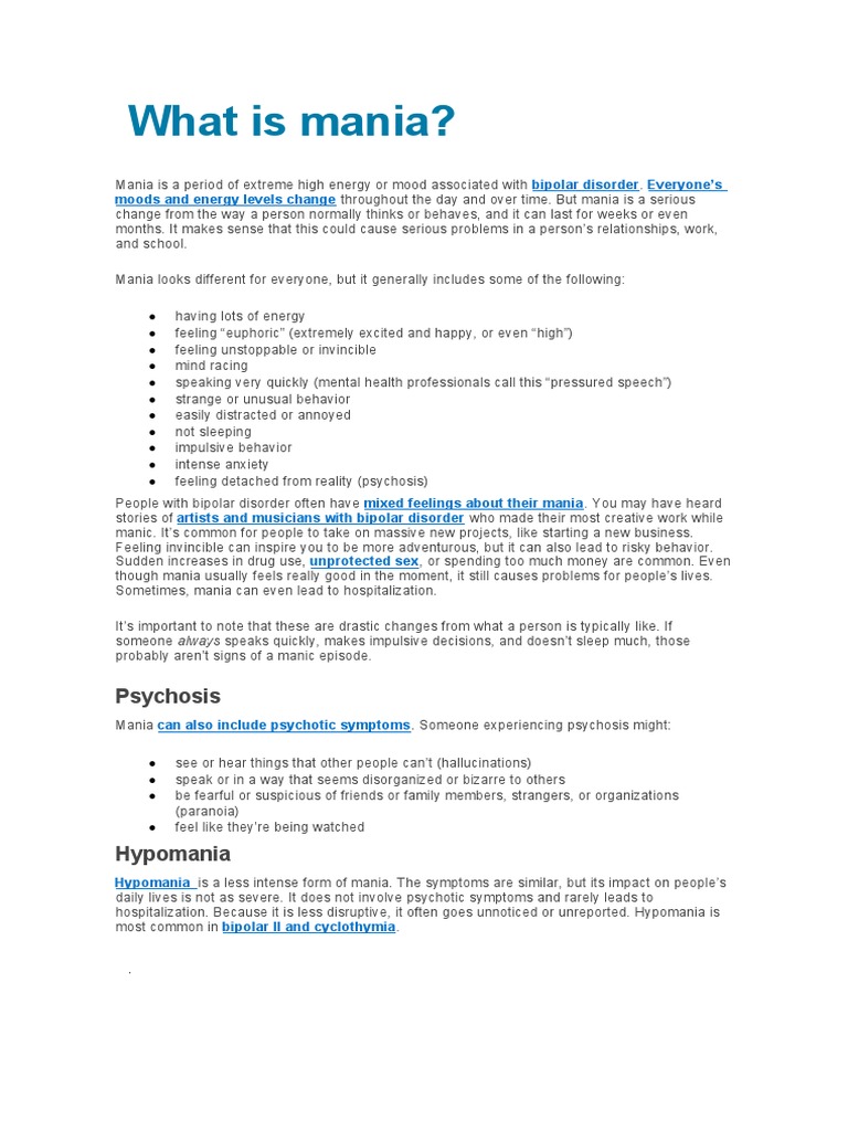 MANIA | PDF | Mania | Bipolar Disorder