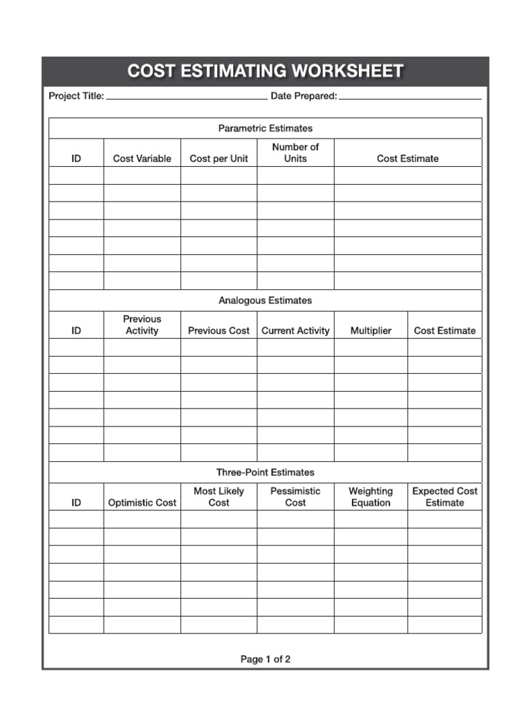 Cost Estimating Worksheet | PDF