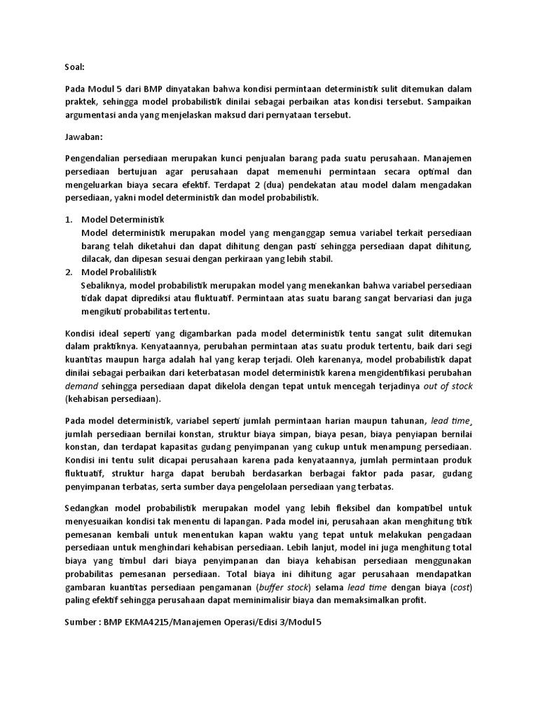 Model Probabilistik vs Deterministik Persediaan | PDF | Bisnis | Pengelolaan Keuangan & Uang