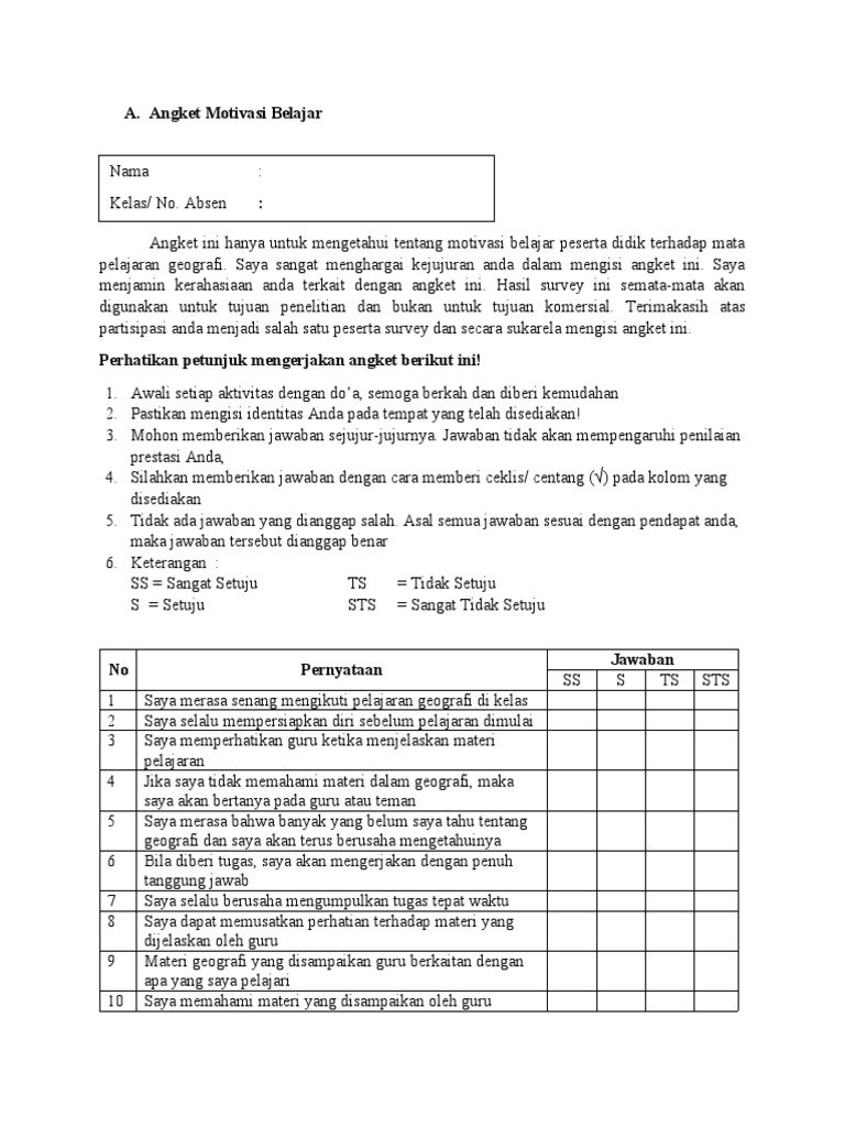 Angket Motivasi Belajar | PDF