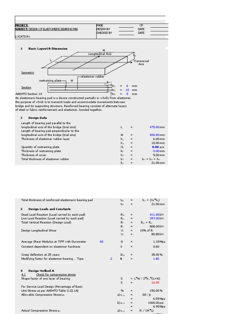 Design and Calculation of Bearing Pad Spreadsheet | PDF | Stress ...