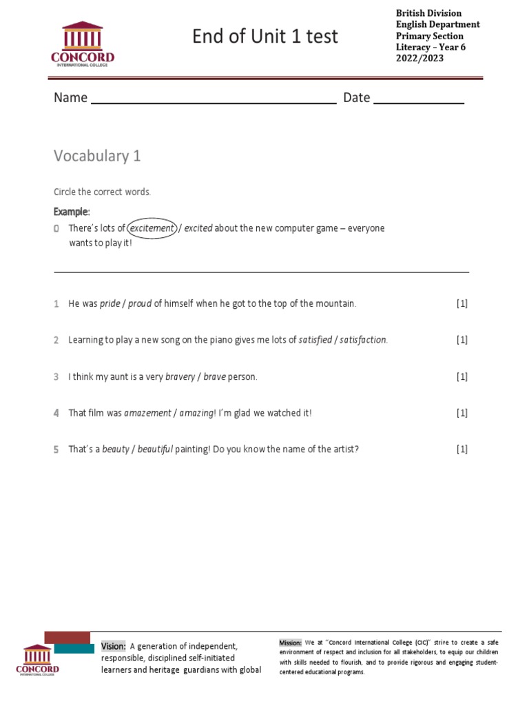 Y6 Cambridge Global English - End of Unit 1 Test | PDF | Literacy | Verb
