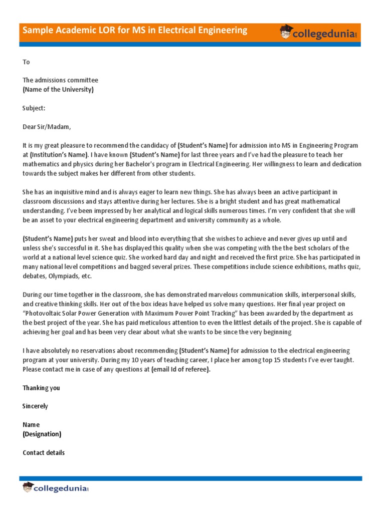 Sample Academic LOR For MS in Electrical Engineering: Thanking You ...
