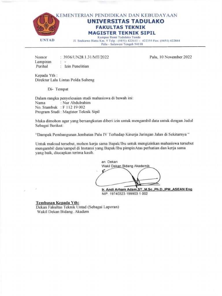 Surat Izin Penelitian Ke POLDA SULTENG | PDF